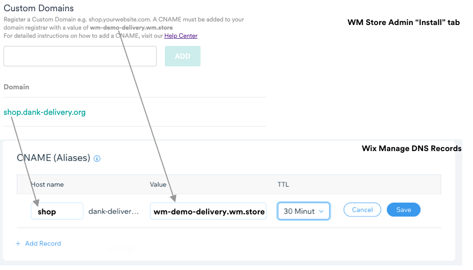 WM Store: How to create a CNAME record for Wix